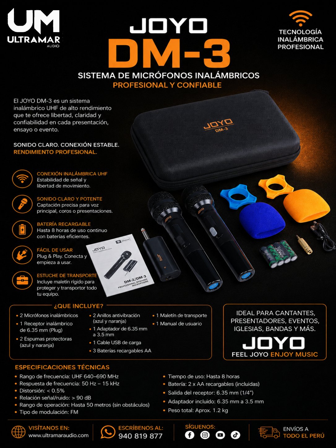 Joyo DM-3 – Sistema de Micrófonos Inalámbricos Duales UHF de Alta ...